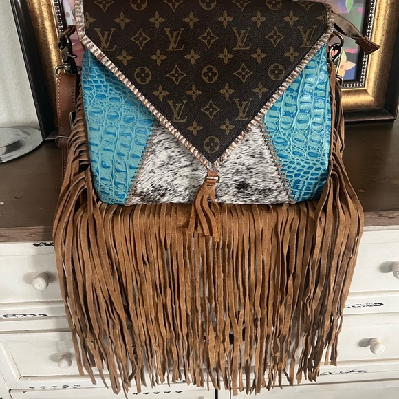 Bags | Brown And Blue Designer Fringe Bag | Poshmark